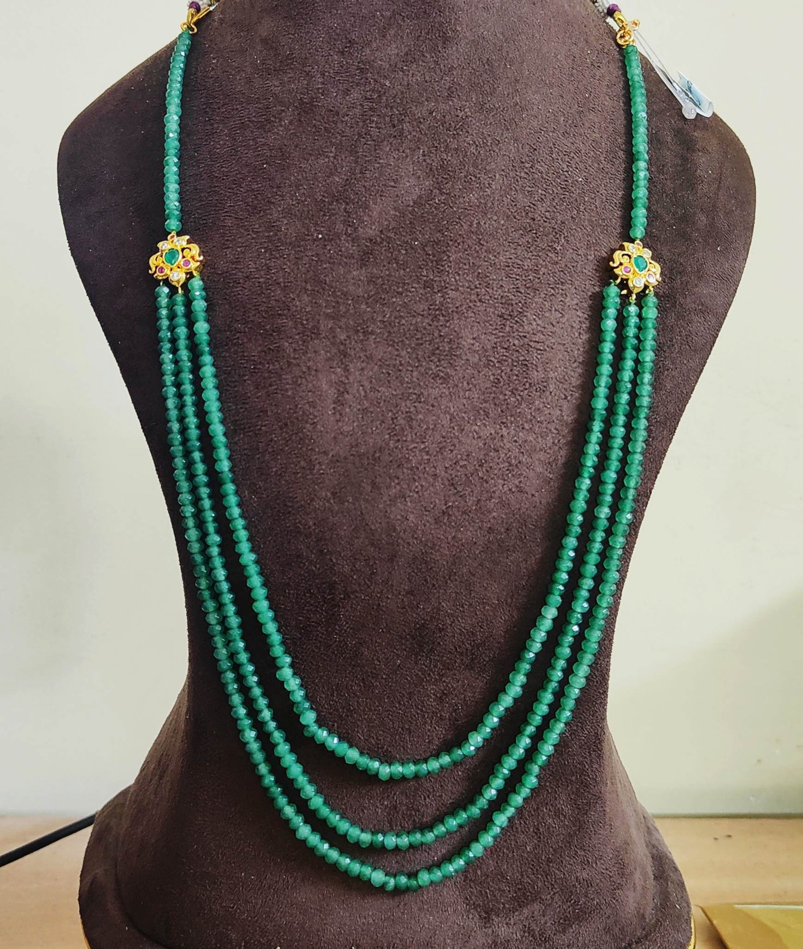 Beads chain designs long green colour onyx 3 layer model - Swarnakshi ...
