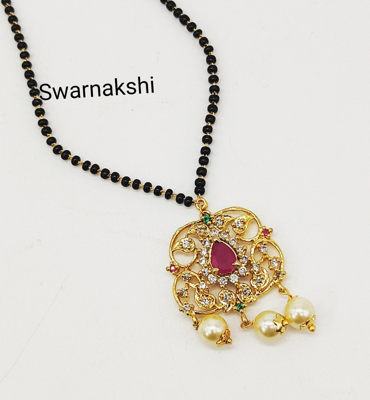 Black beads chain latest designs with drop model ruby pendant ...