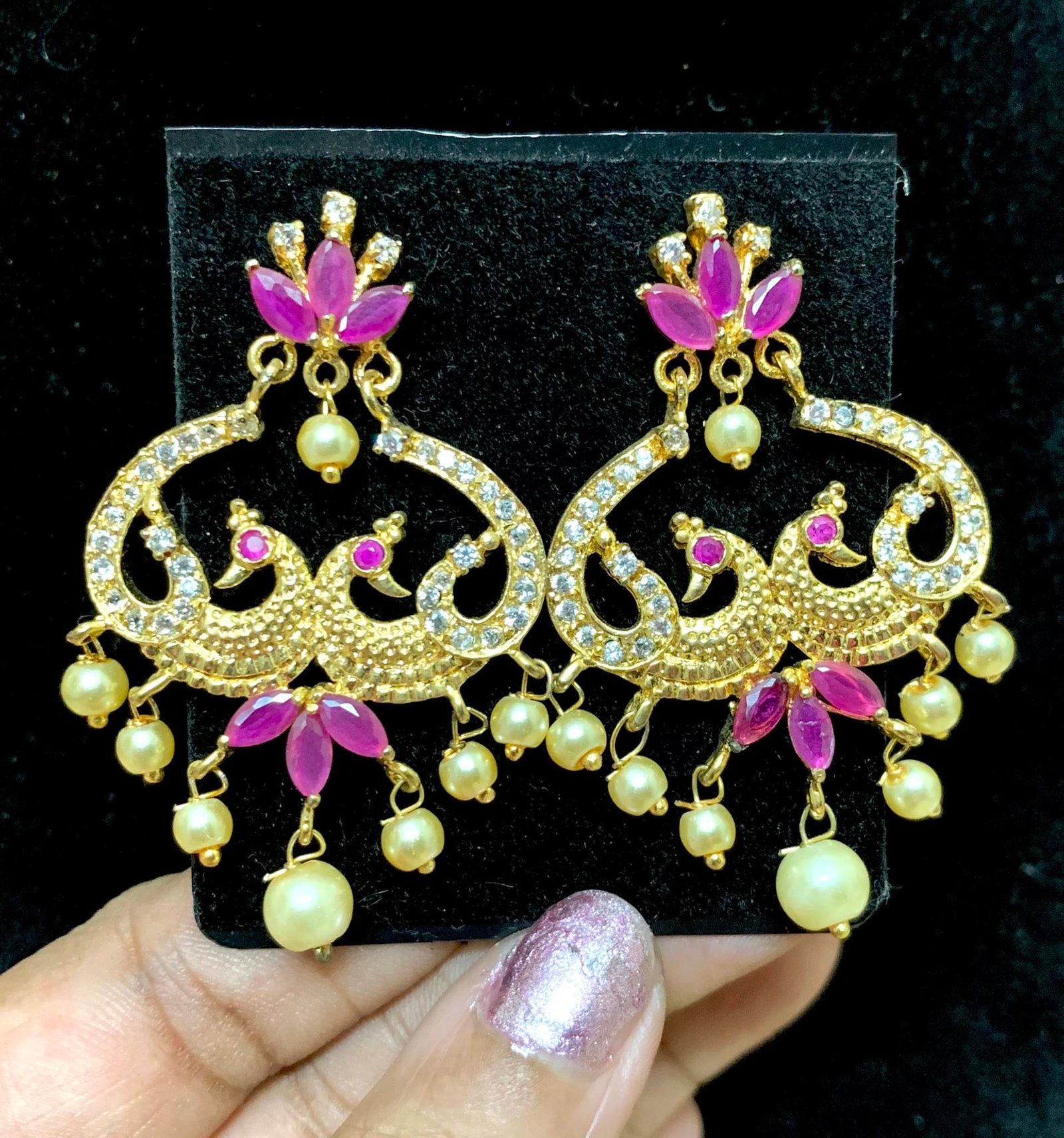 CZ chandbali model earrings online with peacock design - Swarnakshi Jewels