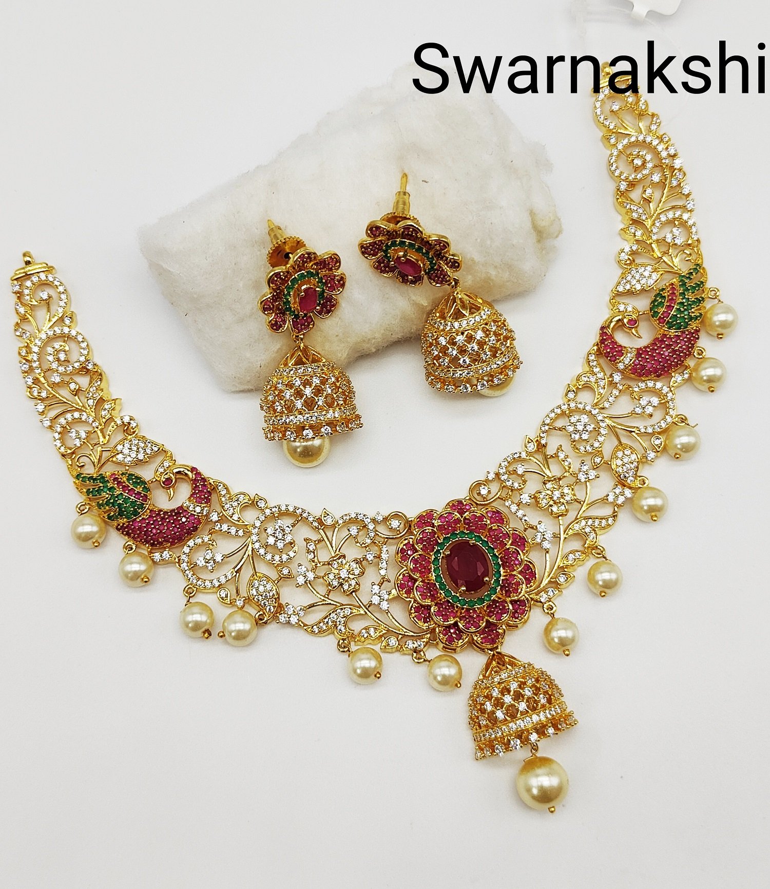 CZ choker necklace set with multi colour stones wide design ...
