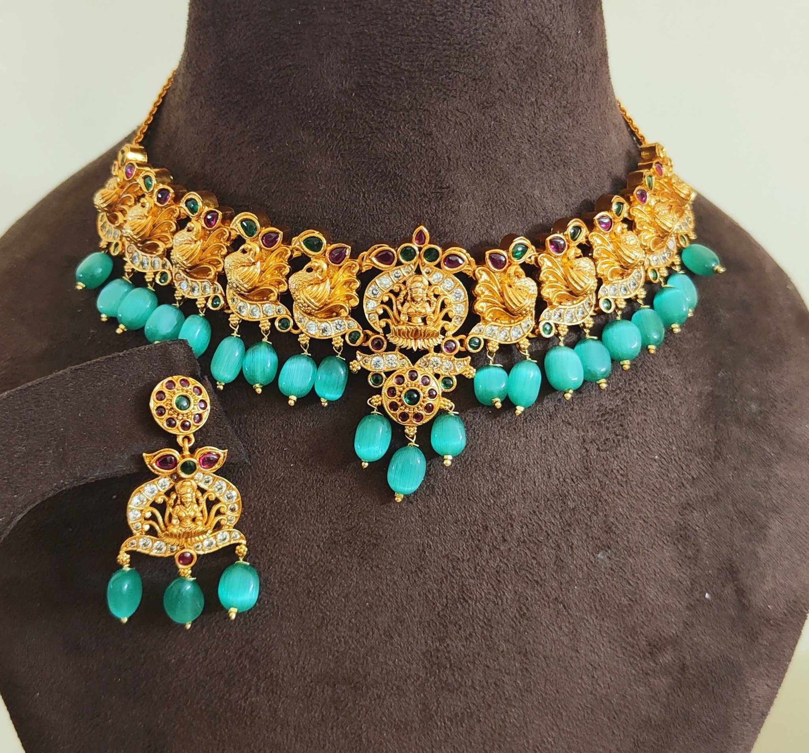 CZ choker sets with lakshmi pendant and peacock model – Swarnakshi Jewels