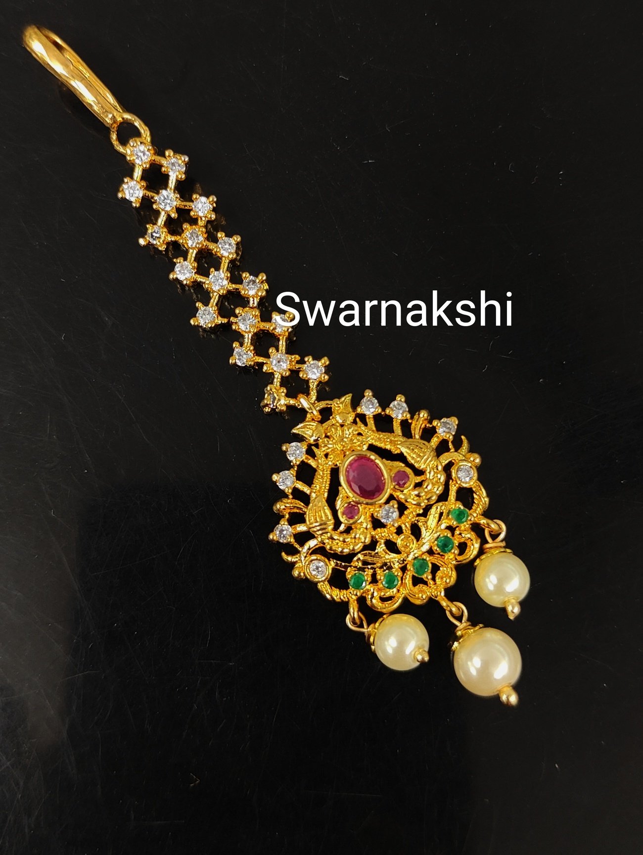 CZ stone maang tikka with middle ruby stone model pendant - Swarnakshi ...