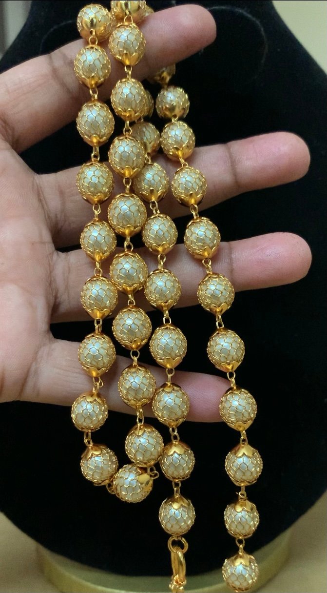one gram gold pearl chain with golden mesh 24 inch long - Swarnakshi Jewels